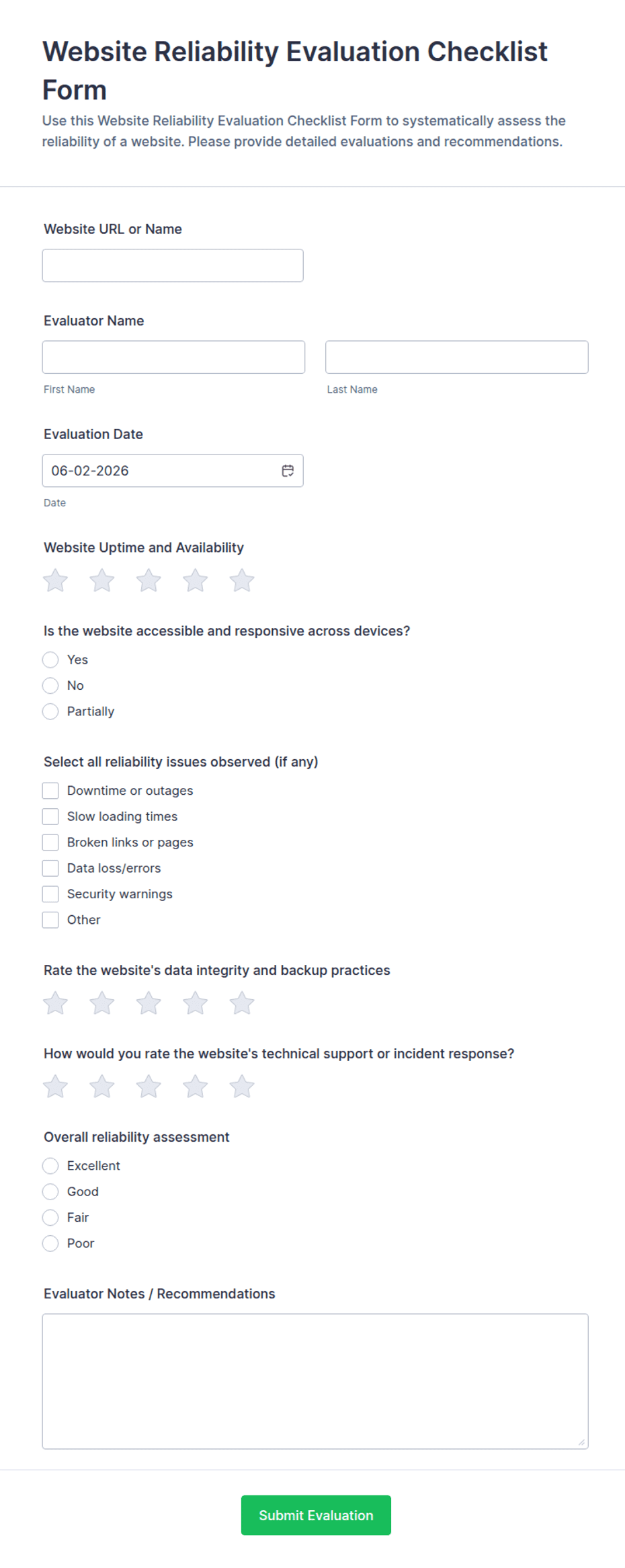 Website Reliability Evaluation Checklist Form Template | Jotform