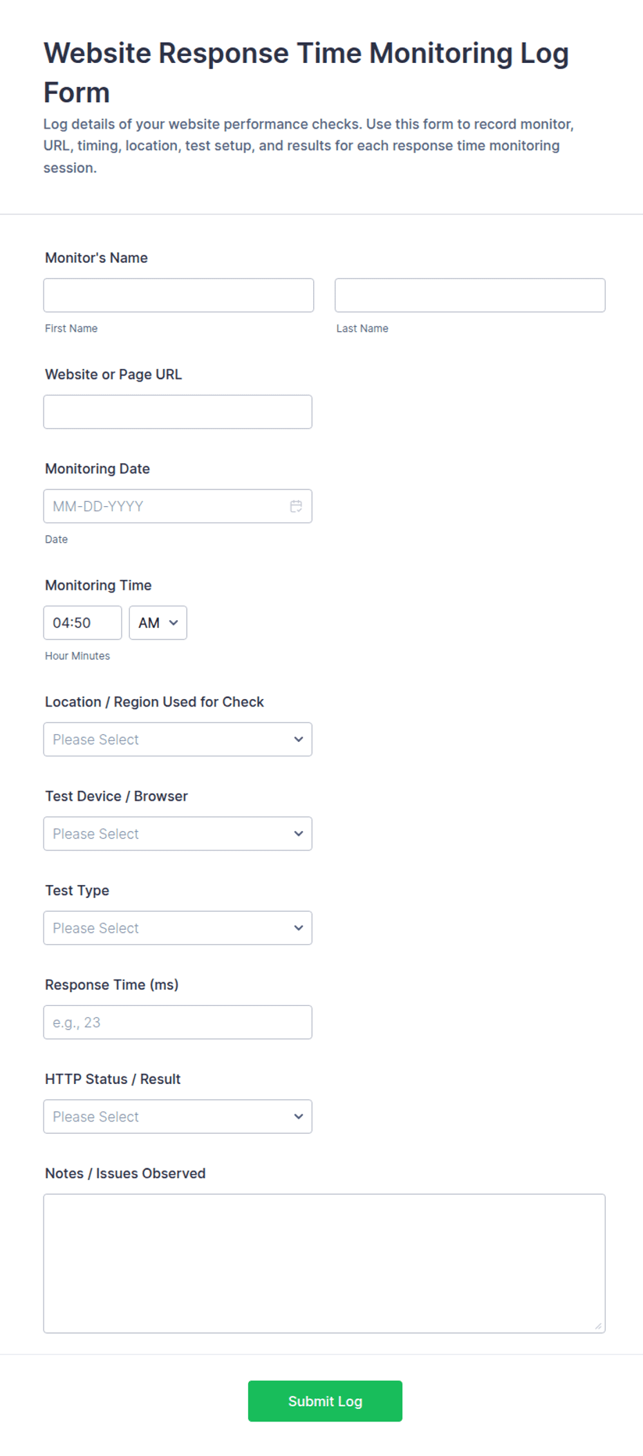 Website Response Time Monitoring Log Form Template | Jotform