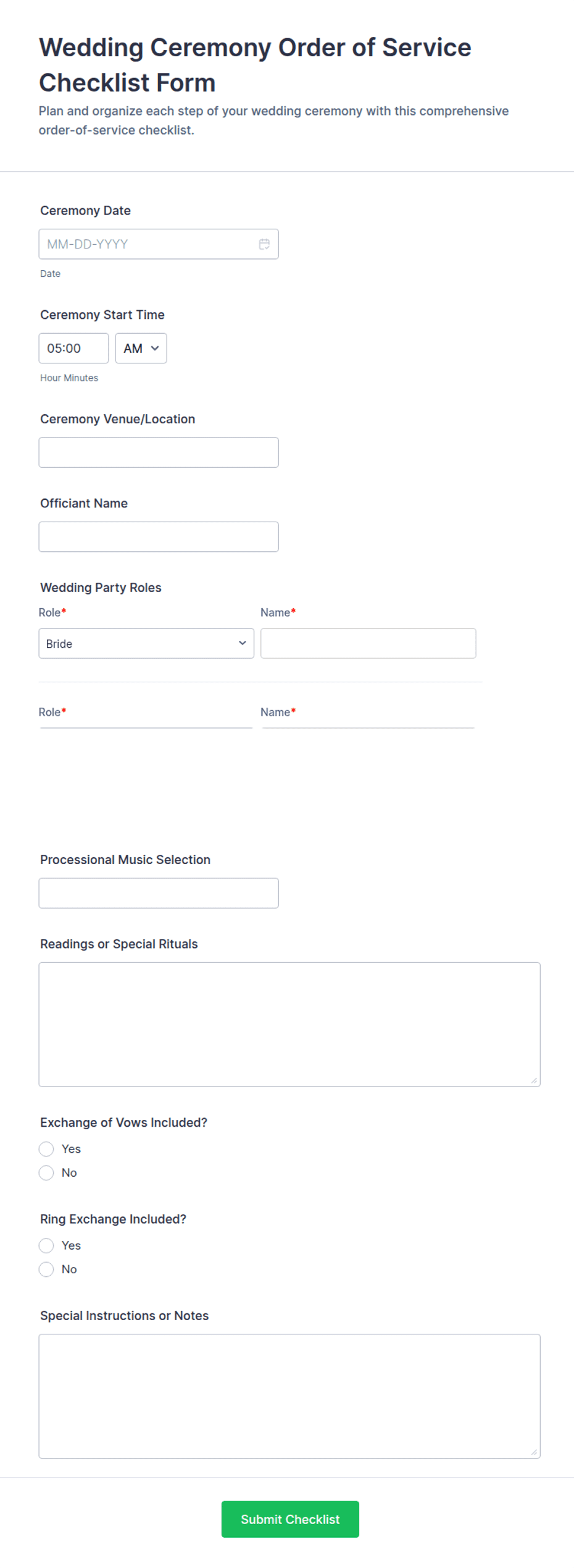 Wedding Ceremony Order of Service Checklist Form Template | Jotform
