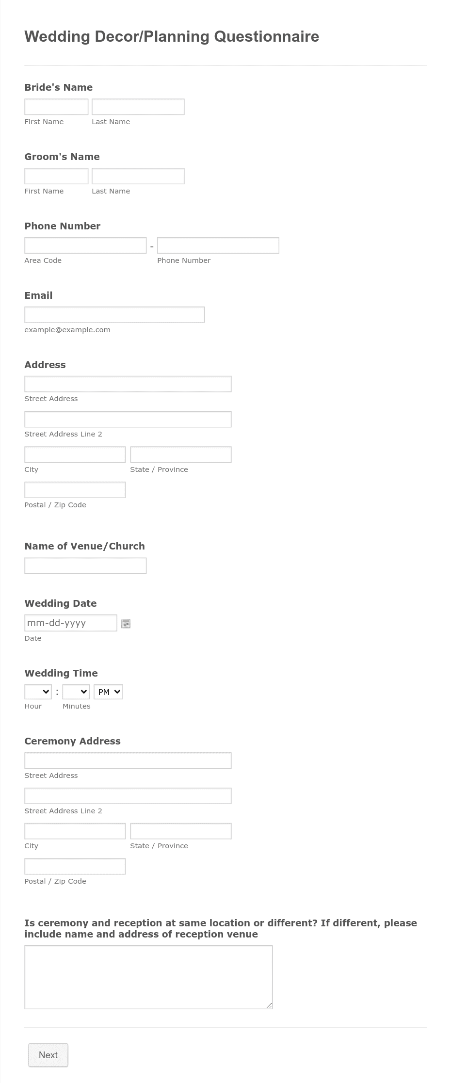 Wedding Decor/Planning Questionnaire Form Template | Jotform