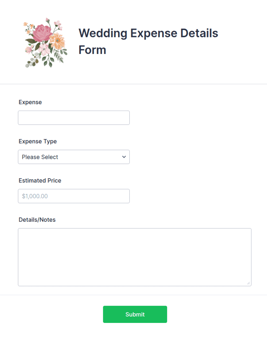 Wedding Expense Details Form Template | Jotform