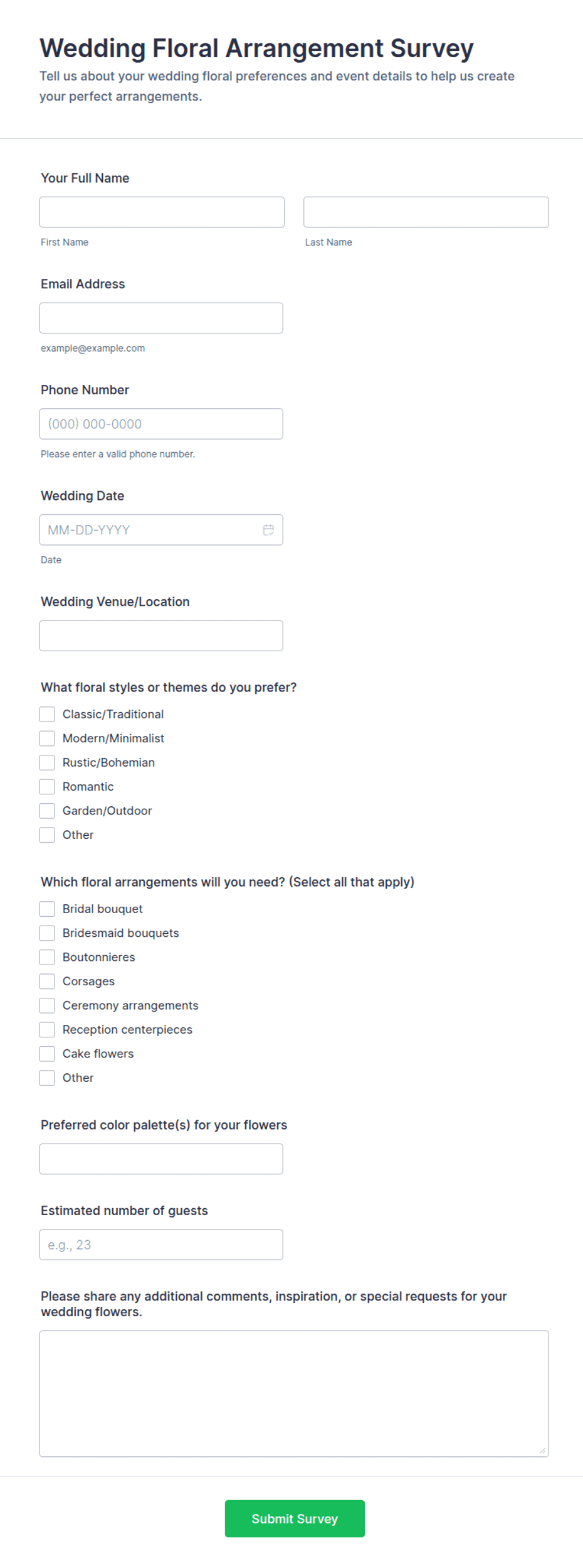Wedding Floral Arrangement Survey Form Template | Jotform