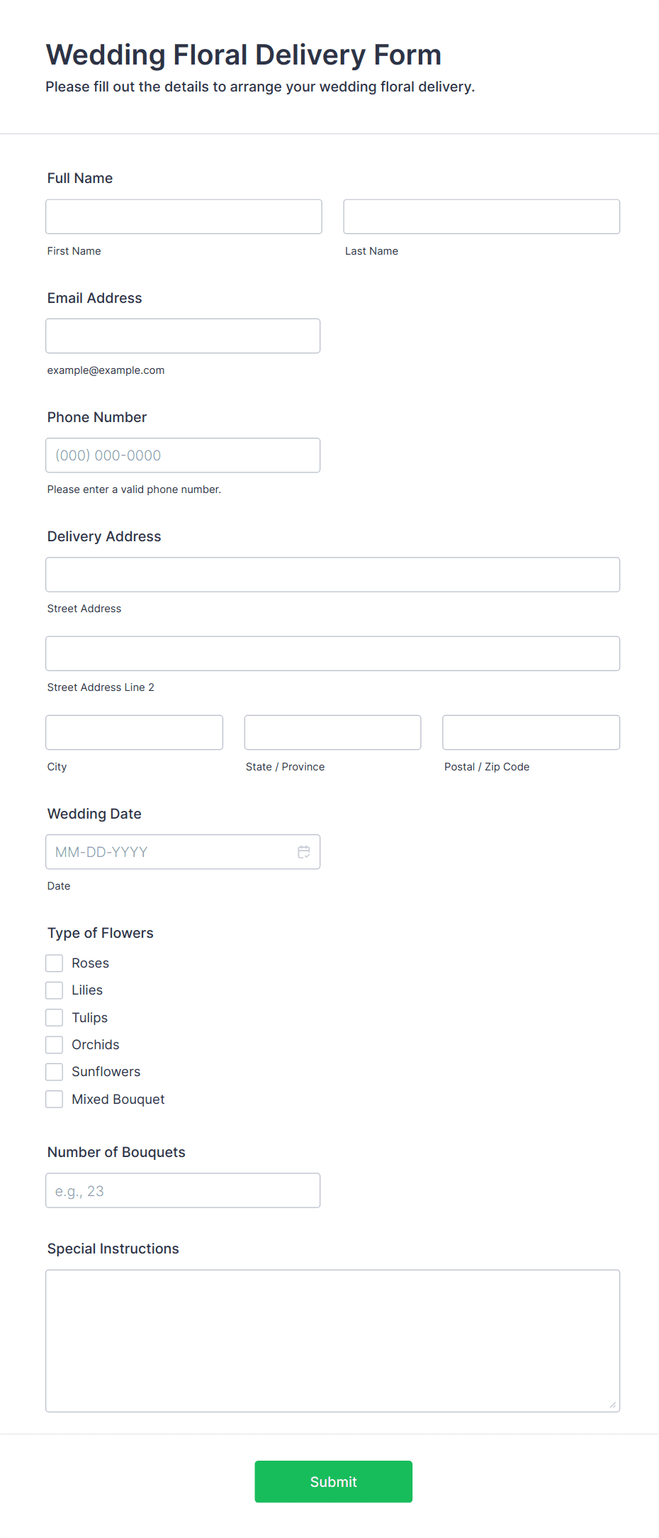 Wedding Floral Delivery Form Template | Jotform