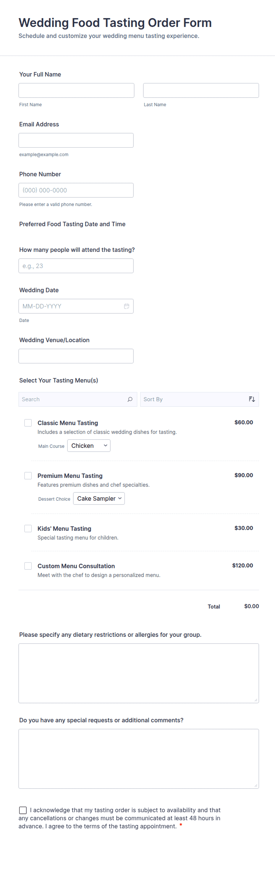 Wedding Food Tasting Order Form Template | Jotform