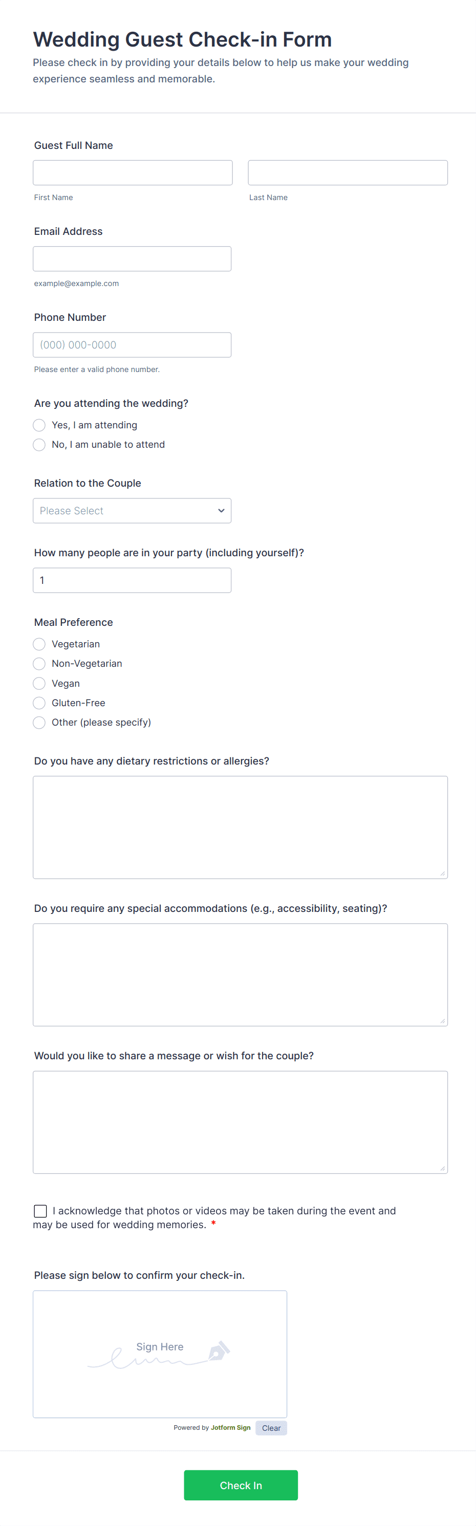 Wedding Guest Check-in Form | Jotform