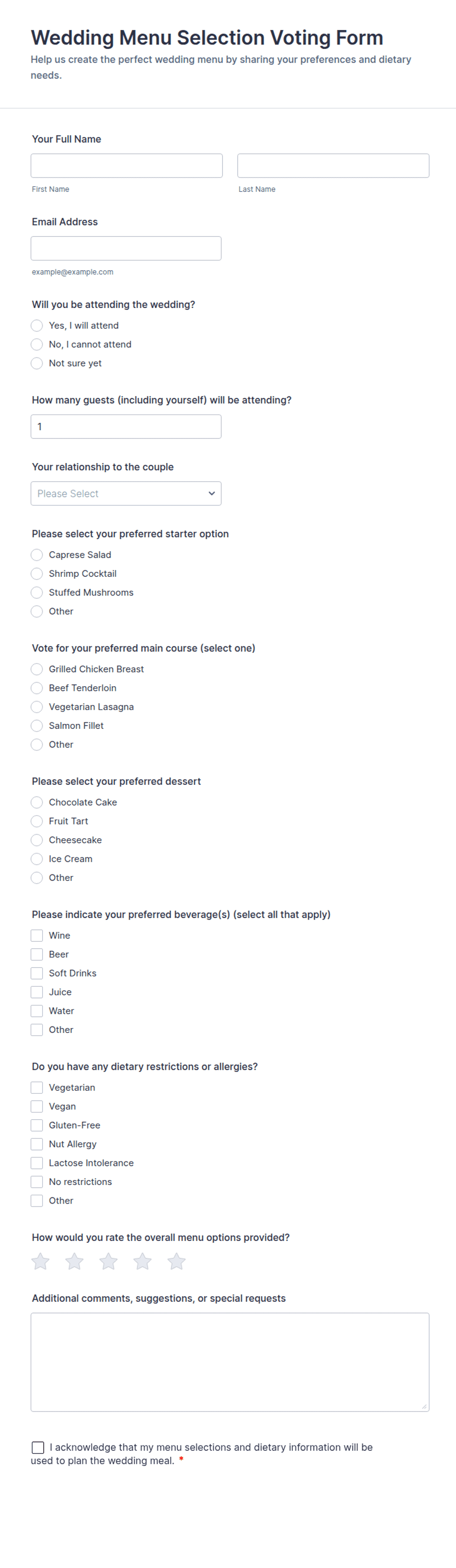 Wedding Menu Selection Voting Form Template | Jotform