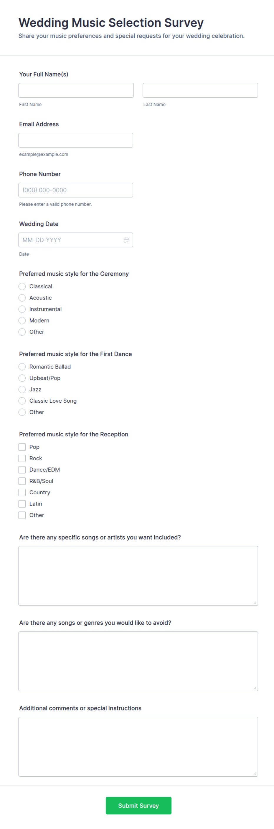 Wedding Music Selection Survey Form Template | Jotform