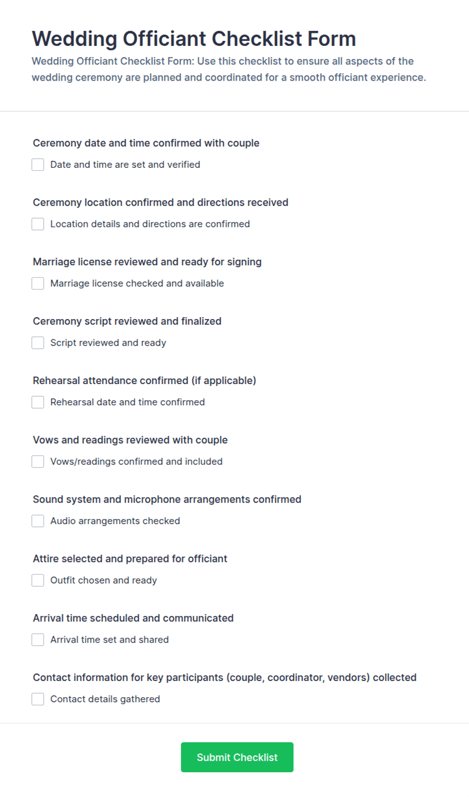 Wedding Officiant Checklist Form Template | Jotform