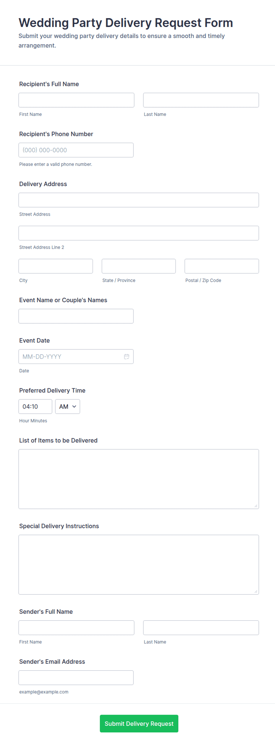 Wedding Party Delivery Request Form Template | Jotform