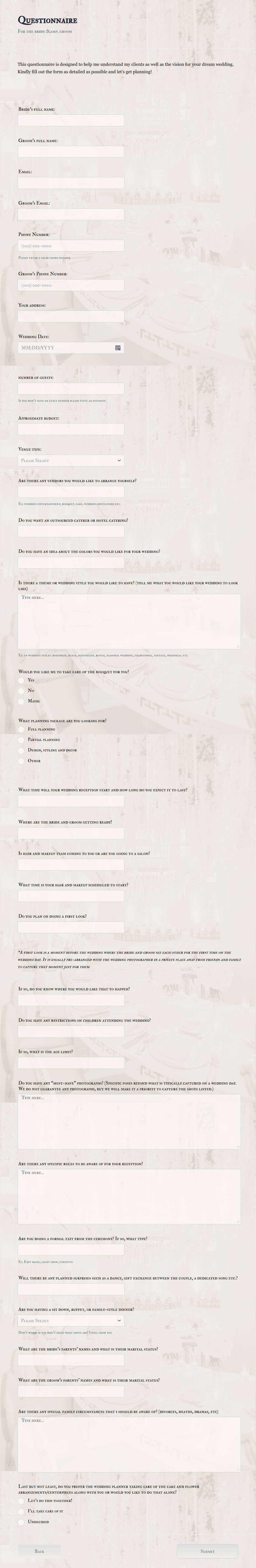 Wedding Planning Questionnaire Form Template | Jotform