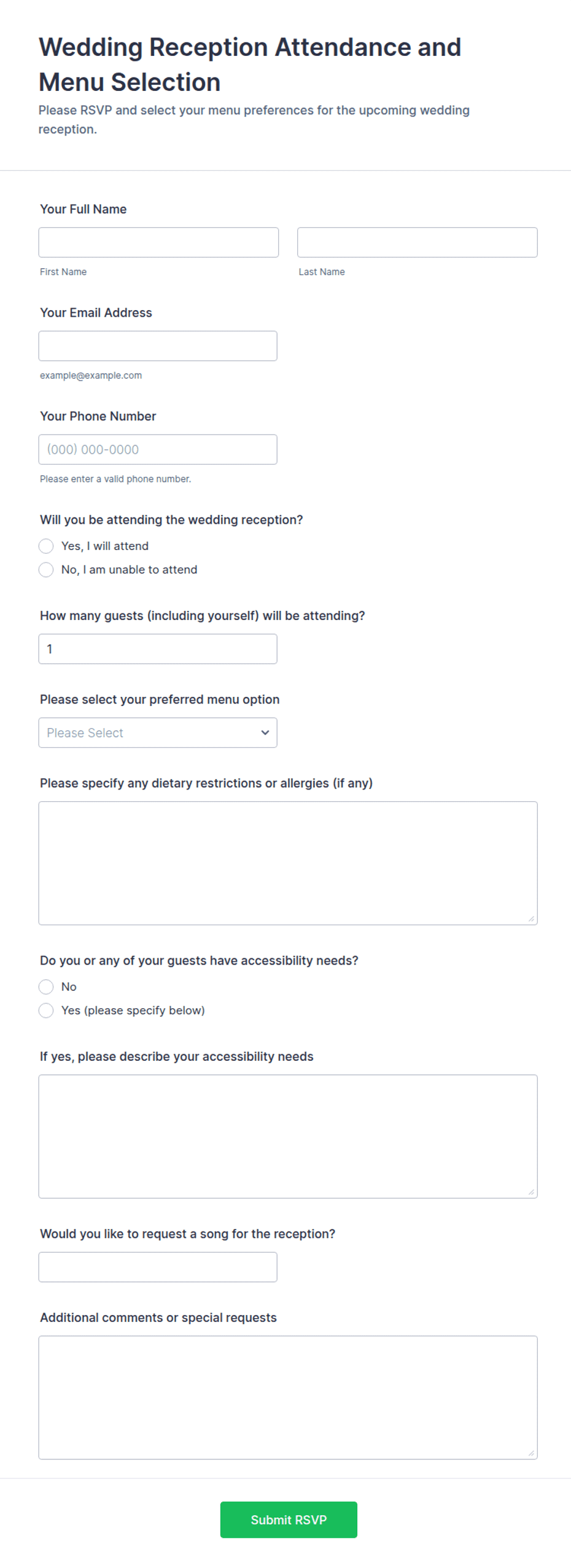 Wedding Reception Attendance and Menu Selection Form Template | Jotform