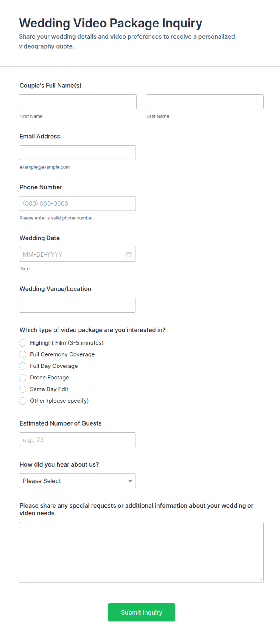 Wedding Video Package Inquiry Form Template | Jotform