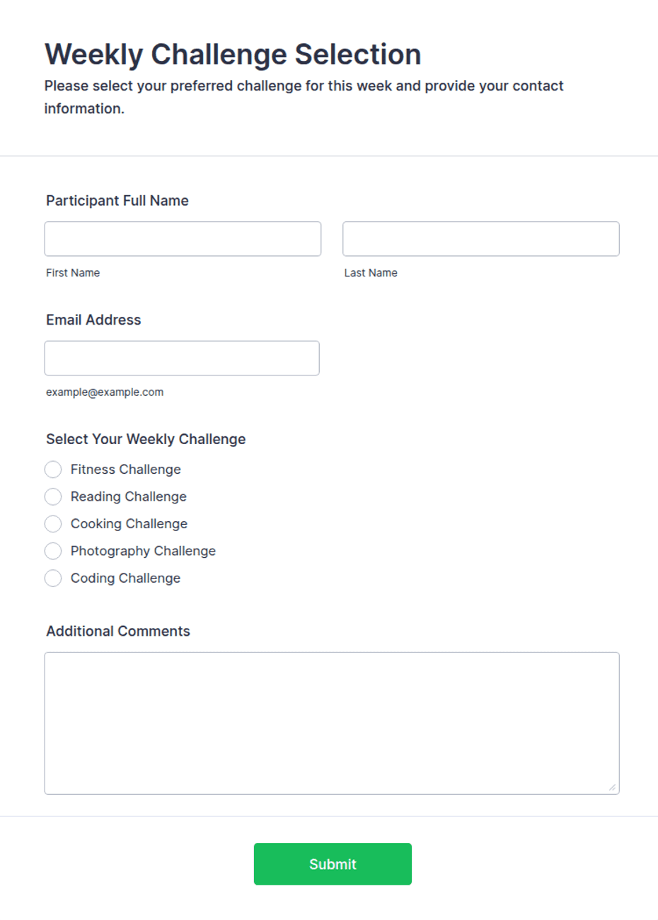 Weekly Challenge Selection Form Template | Jotform