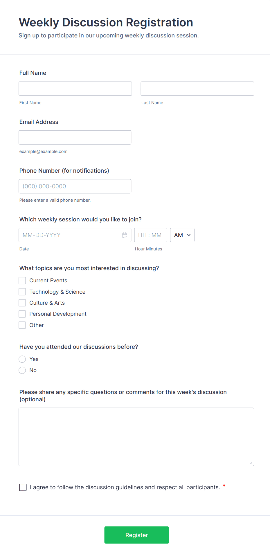 Weekly Discussion Registration Form Template | Jotform
