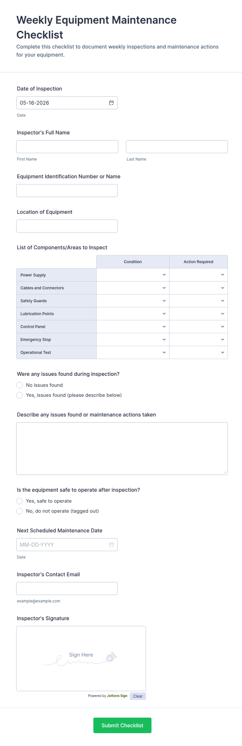 Weekly Equipment Maintenance Checklist Form Template | Jotform