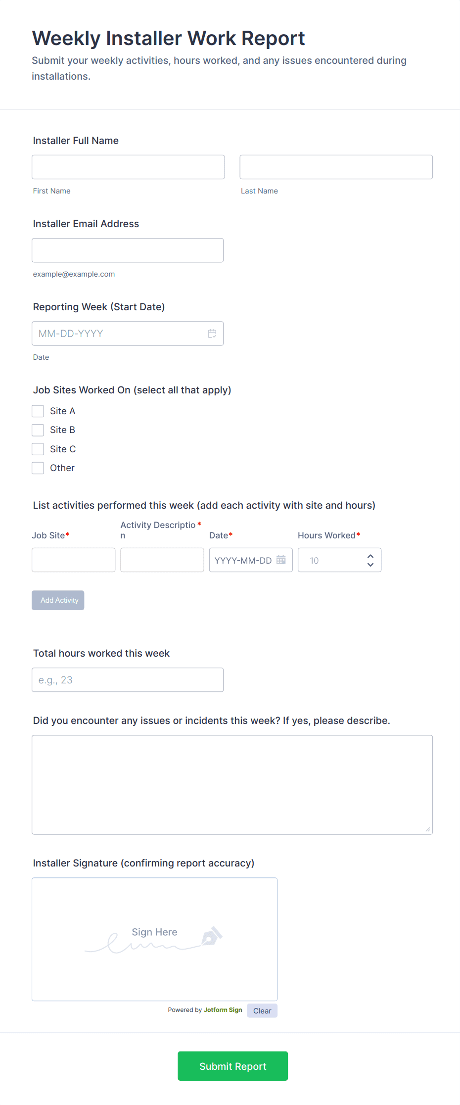 Weekly Installer Work Report Form Template | Jotform