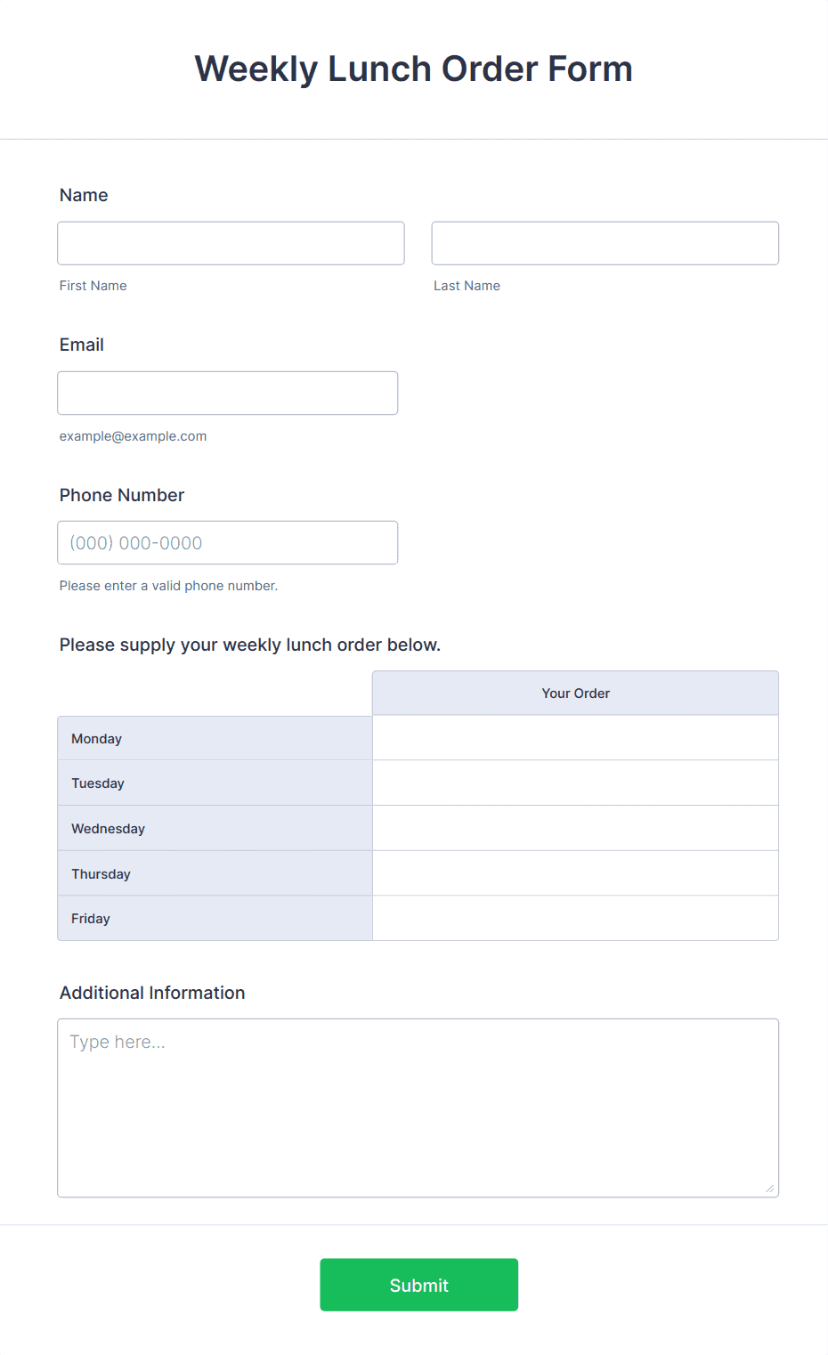 Weekly Lunch Order Form Template | Jotform