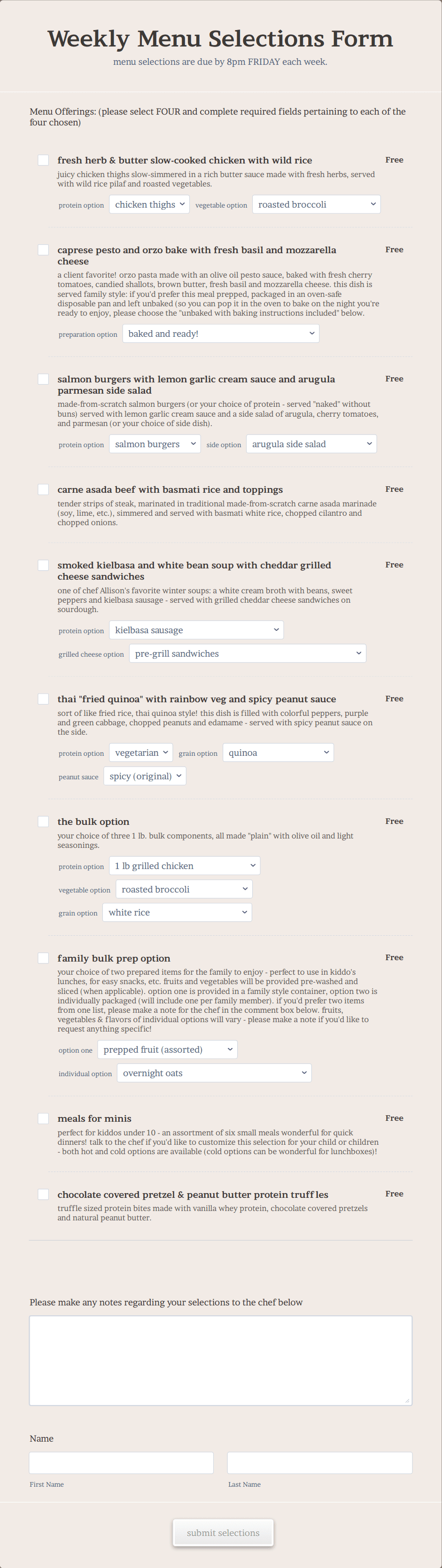 Weekly Menu Selections Form Template | Jotform