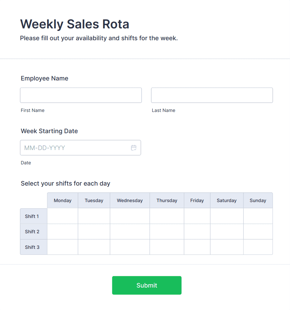 Weekly Sales Rota Form Template | Jotform