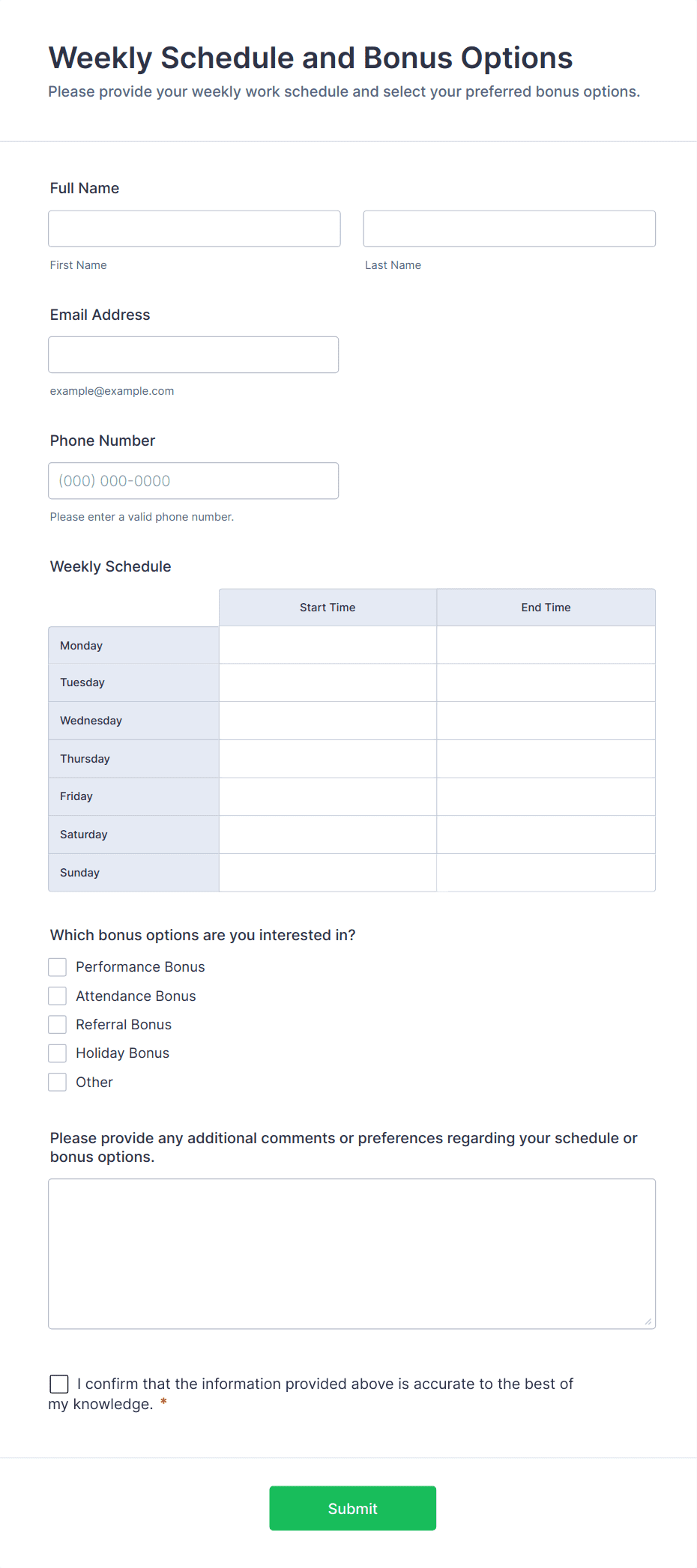 Weekly Schedule and Bonus Options Form Template | Jotform