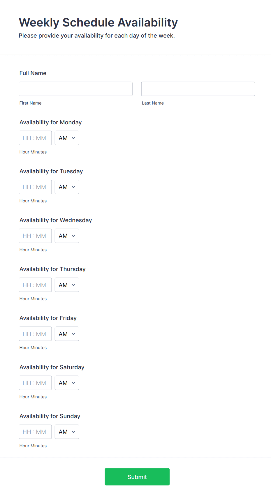 Weekly Schedule Availability Form Template | Jotform