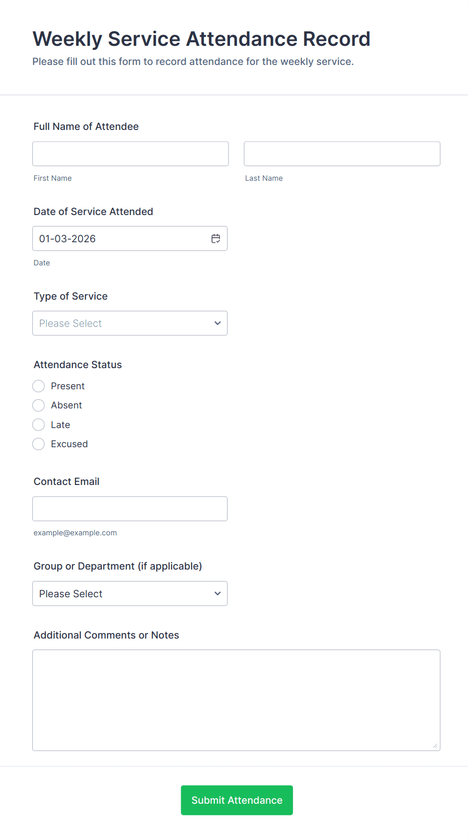 Weekly Service Attendance Record Form Template | Jotform