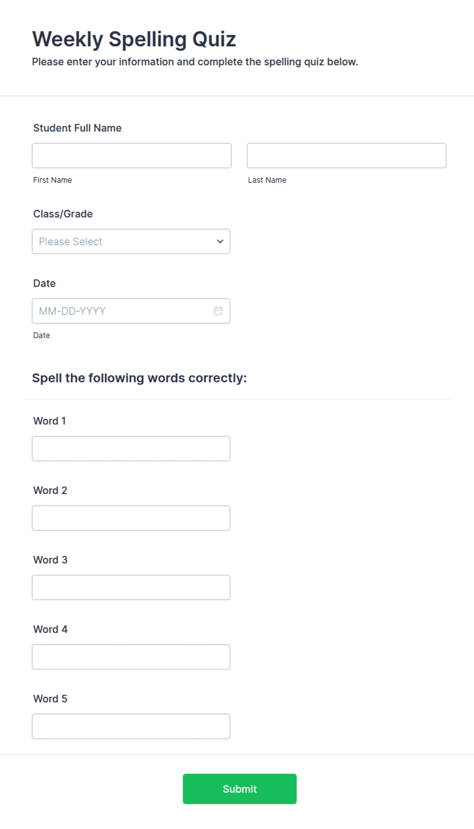 Weekly Spelling Quiz Form Template | Jotform