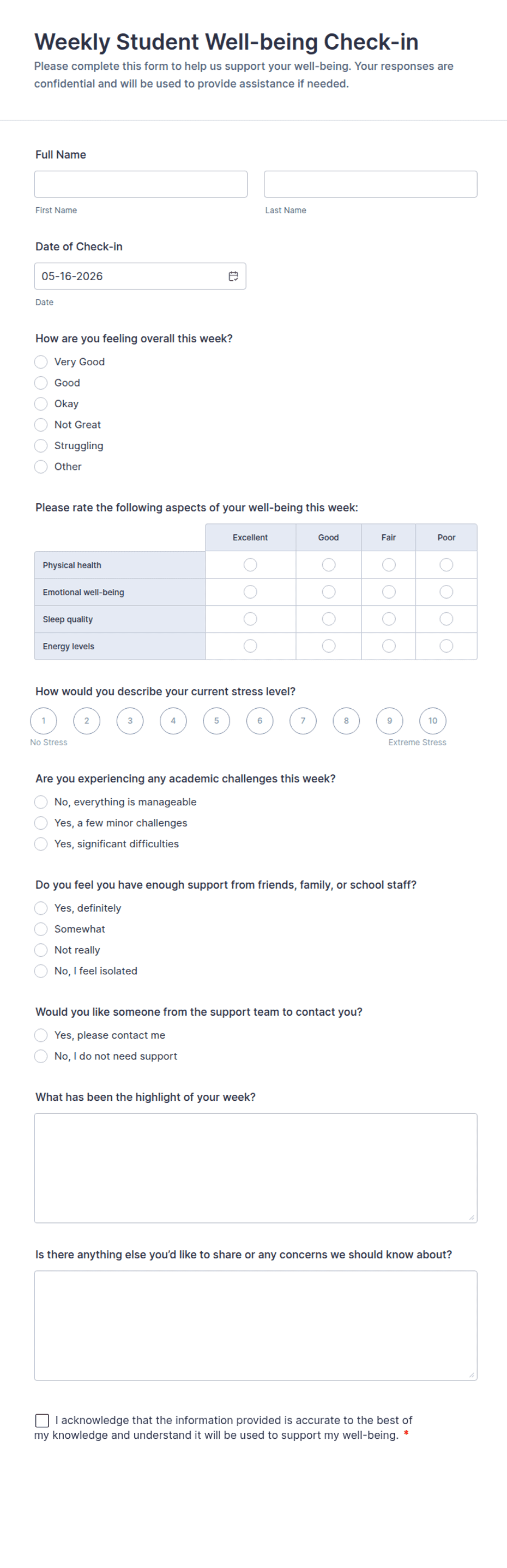 Weekly Student Well-being Check-in Form Template | Jotform