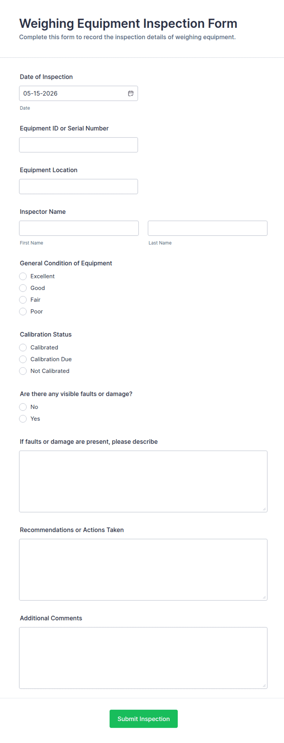 Weighing Equipment Inspection Form Template | Jotform