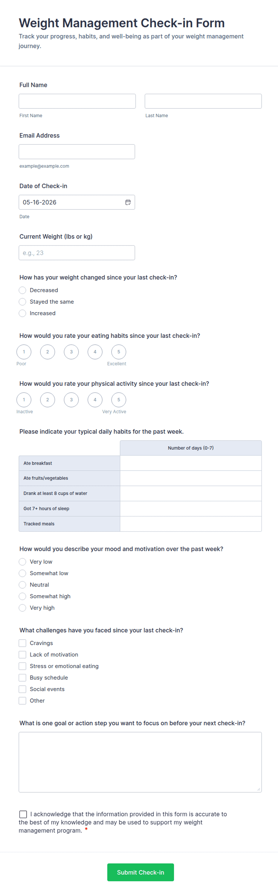 Weight Management Check-in Form Template | Jotform