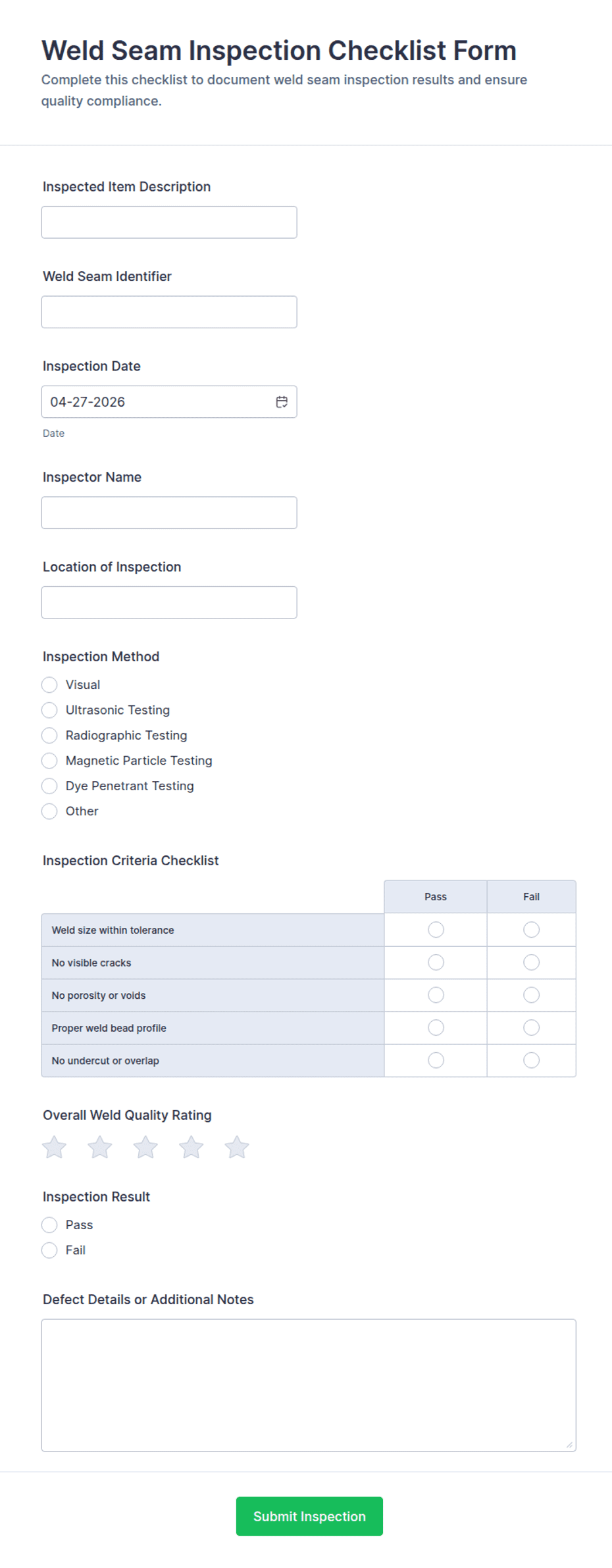 Weld Seam Inspection Checklist Form Template | Jotform
