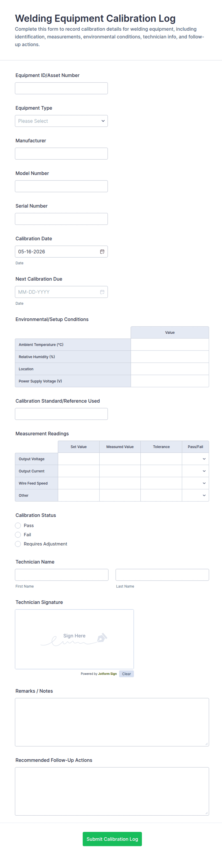 Welding Equipment Calibration Log Form Template | Jotform