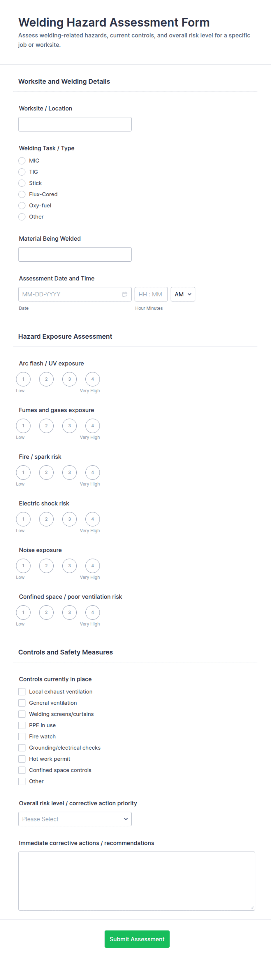 Welding Hazard Assessment Form Template | Jotform
