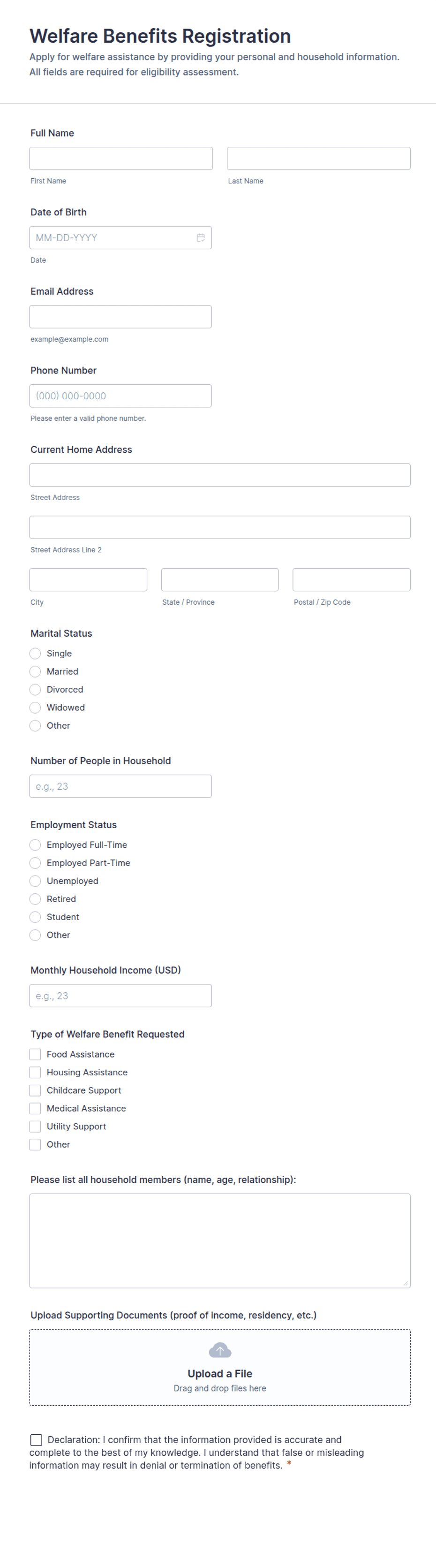 Welfare Benefits Registration Form Template | Jotform