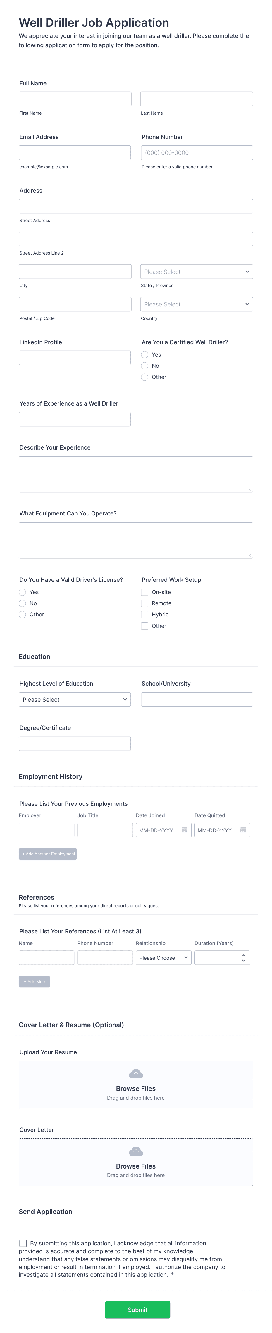Well Driller Job Application Form Template | Jotform
