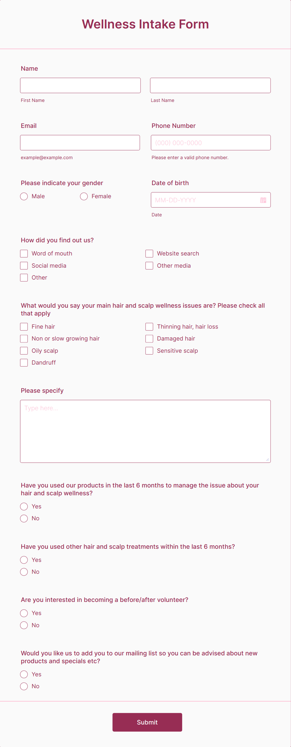 Wellness Intake Form Template | Jotform