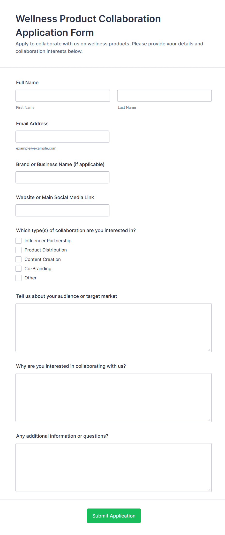 Wellness Product Collaboration Application Form Template | Jotform