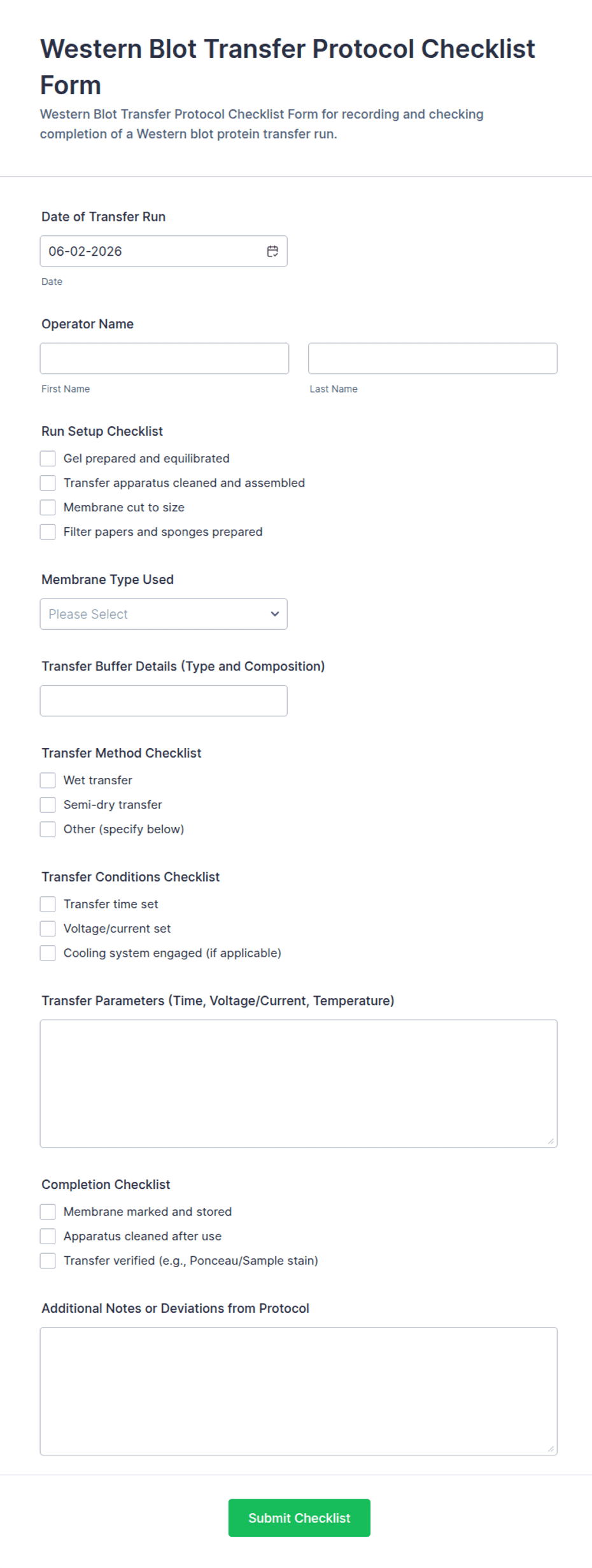 Western Blot Transfer Protocol Checklist Form Template | Jotform