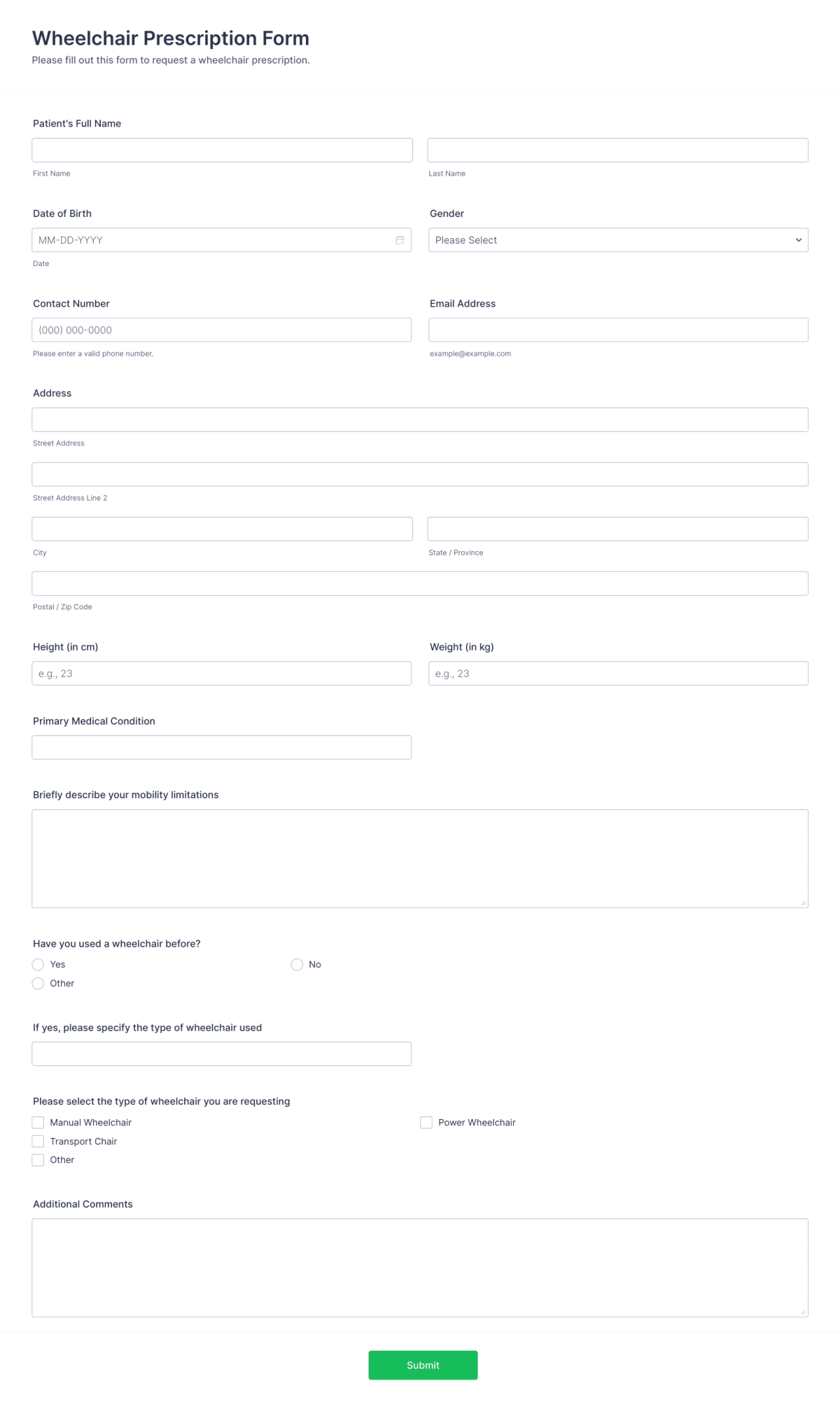 Wheelchair Prescription Form Template | Jotform Wheelchair Prescription Form Template | Jotform
