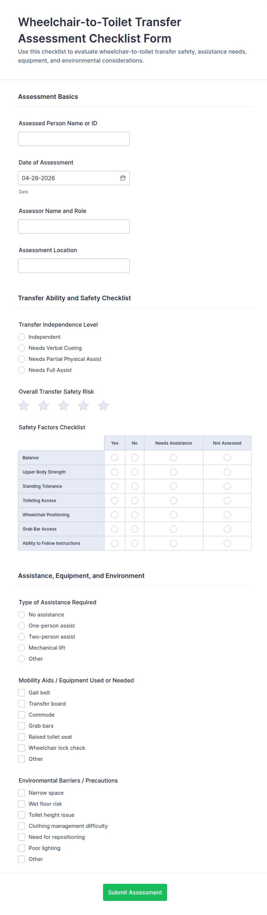 Wheelchair-to-Toilet Transfer Assessment Form Template | Jotform