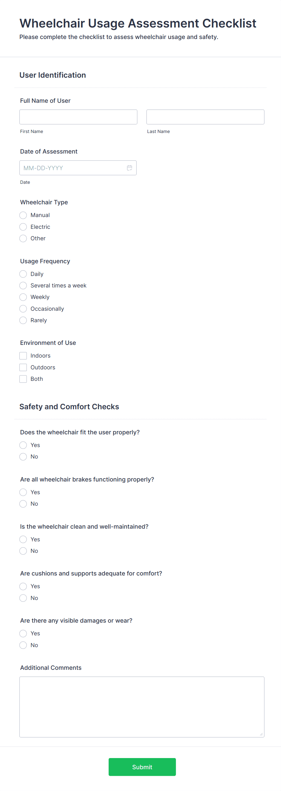 Wheelchair Usage Assessment Checklist Form Template | Jotform