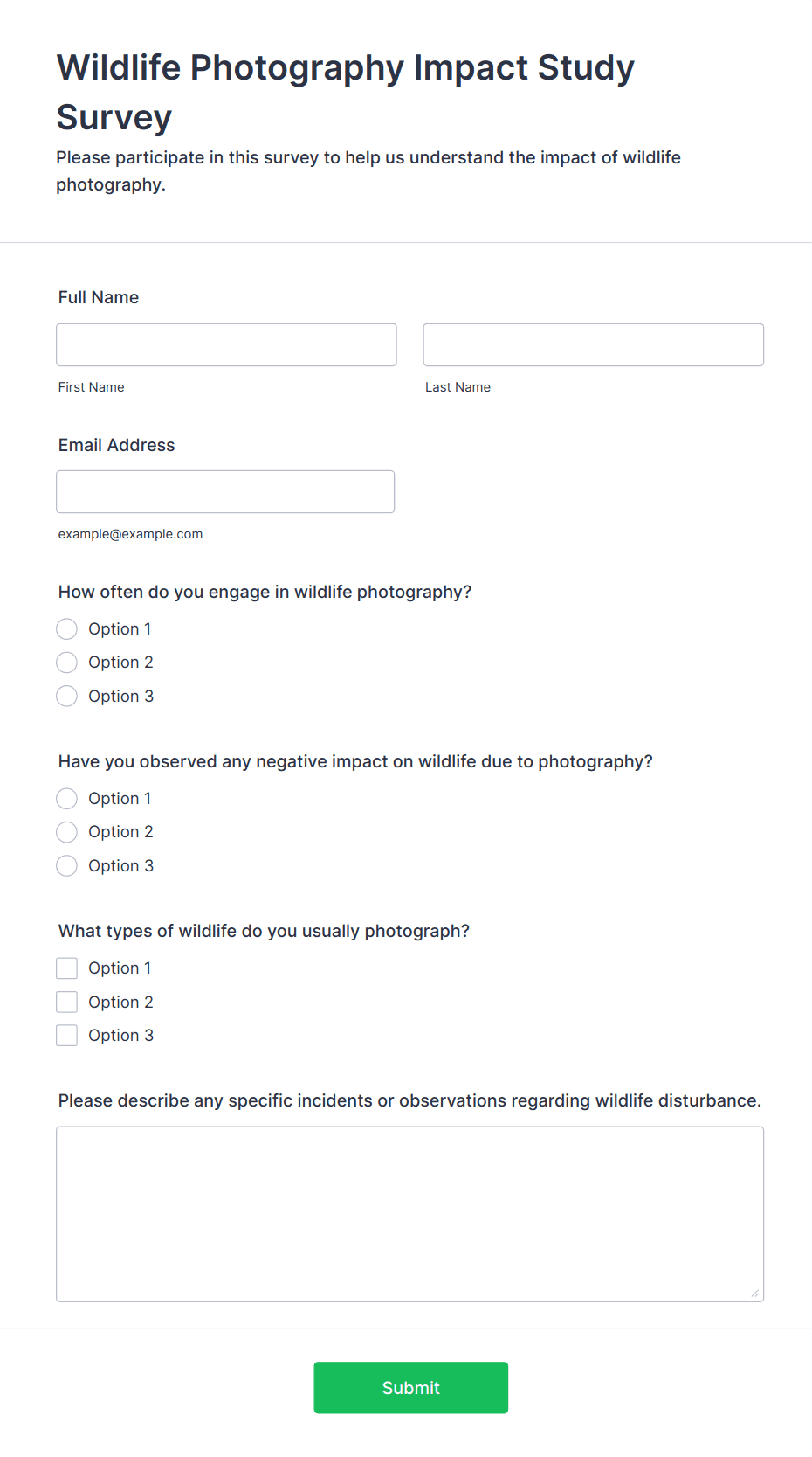 Wildlife Photography Impact Study Survey Form Template | Jotform