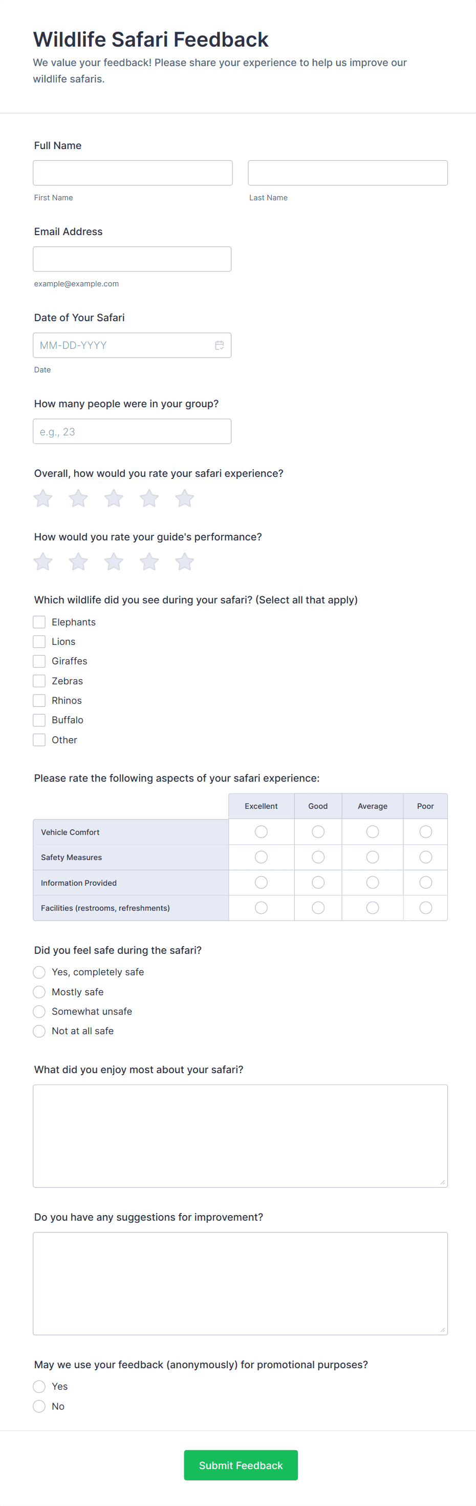 Wildlife Safari Feedback Form Template | Jotform