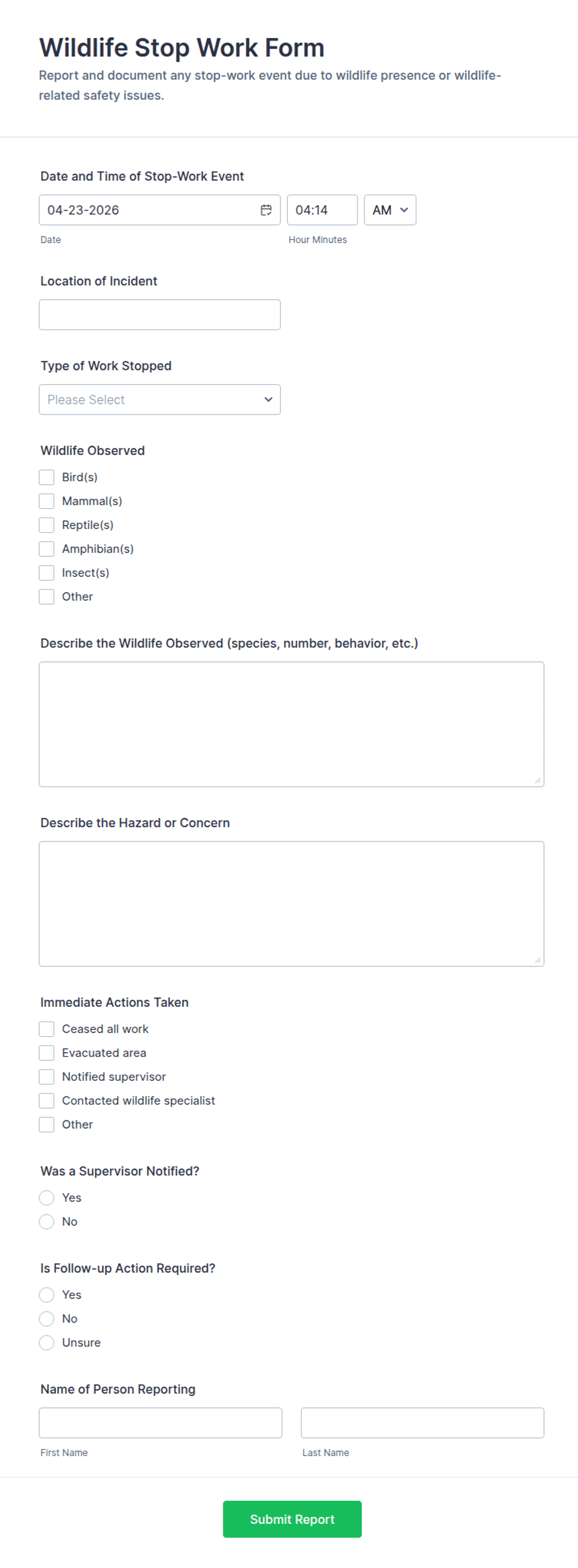 Wildlife Stop Work Form Template | Jotform