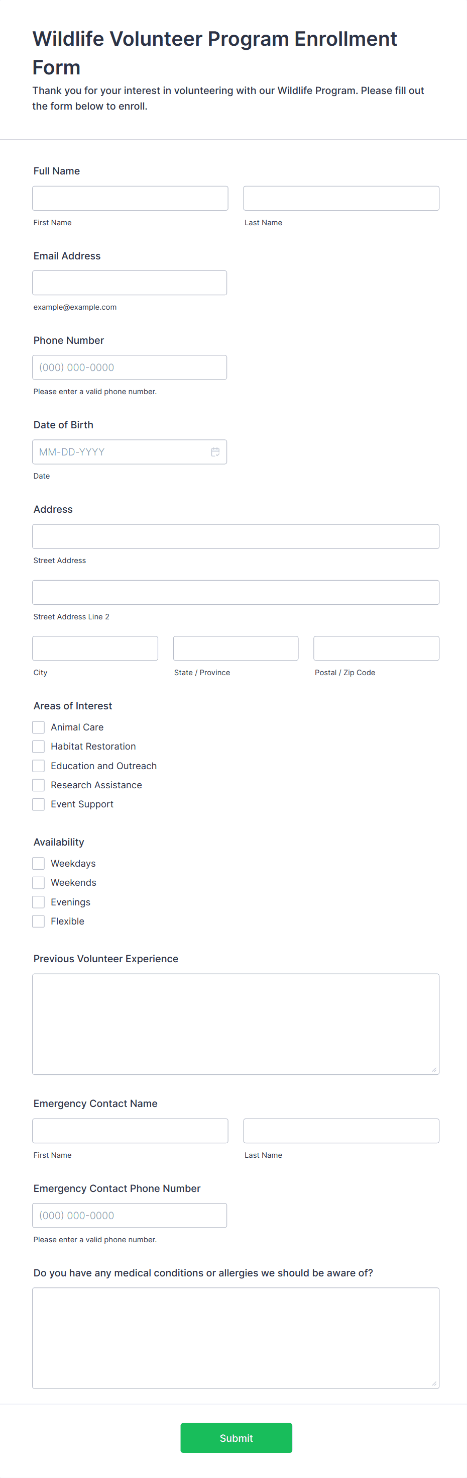 Wildlife Volunteer Program Enrollment Form Template | Jotform