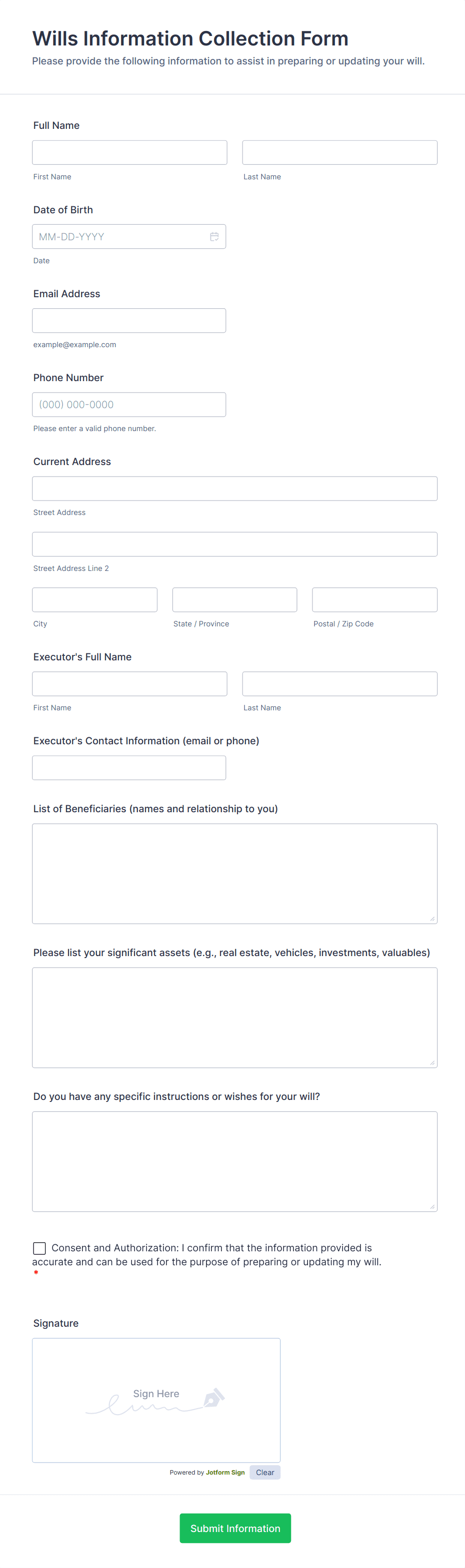 Wills Information Collection Form Template | Jotform