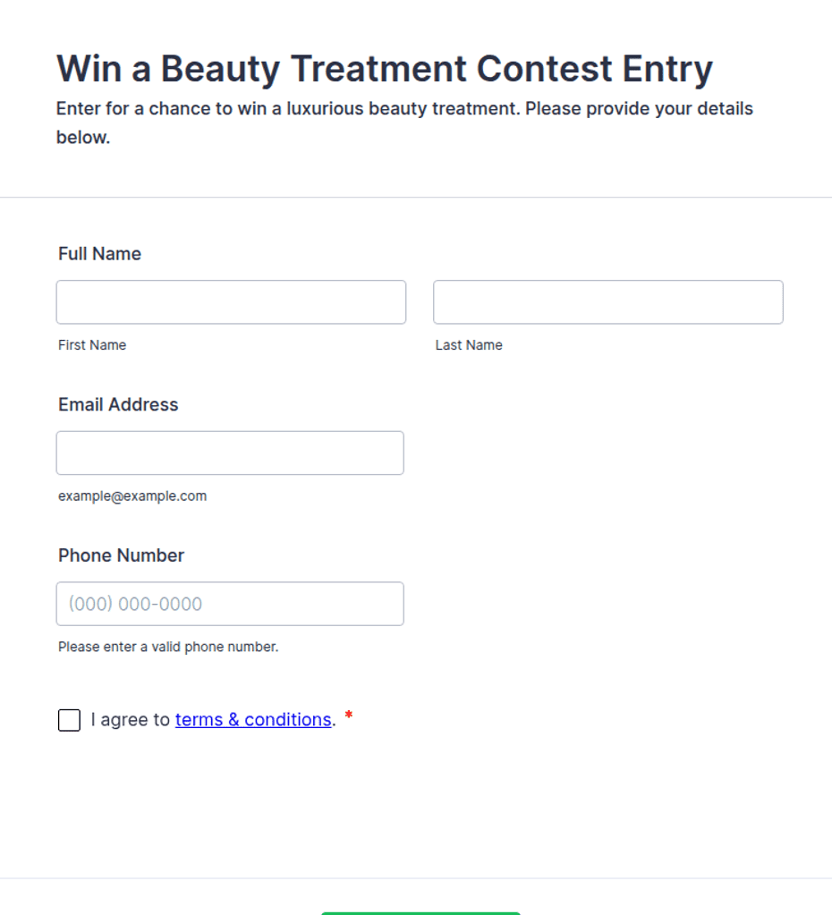 Win a Beauty Treatment Contest Entry Form Template | Jotform