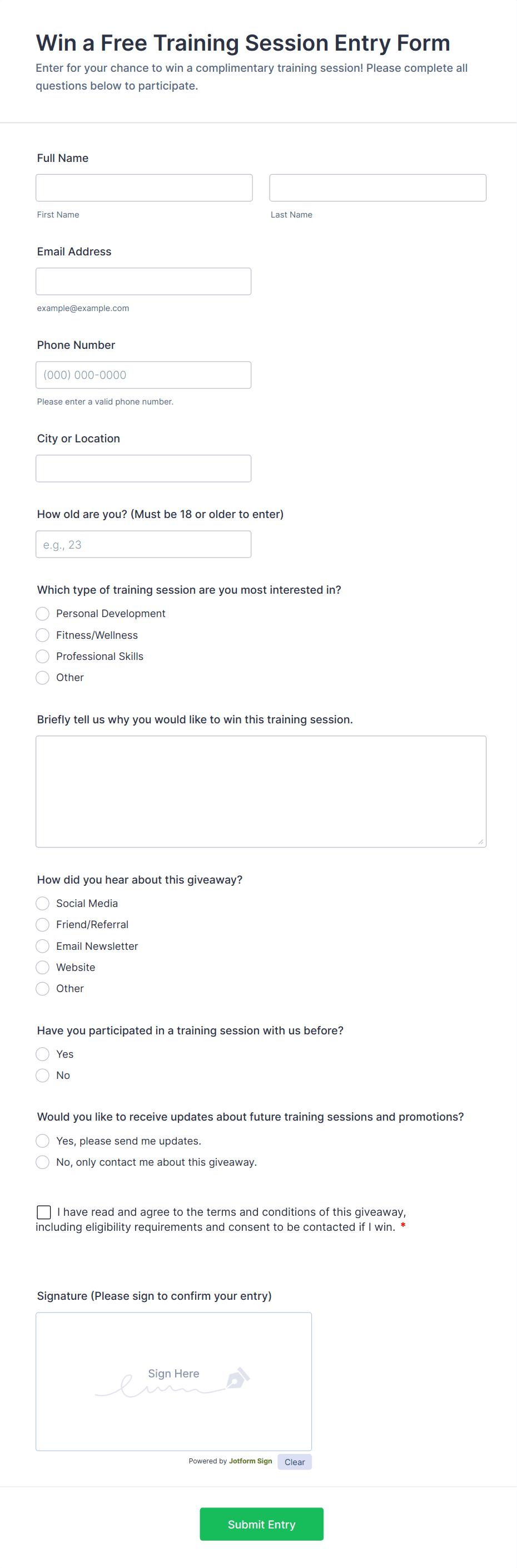 Win a Free Training Session Entry Form Template | Jotform