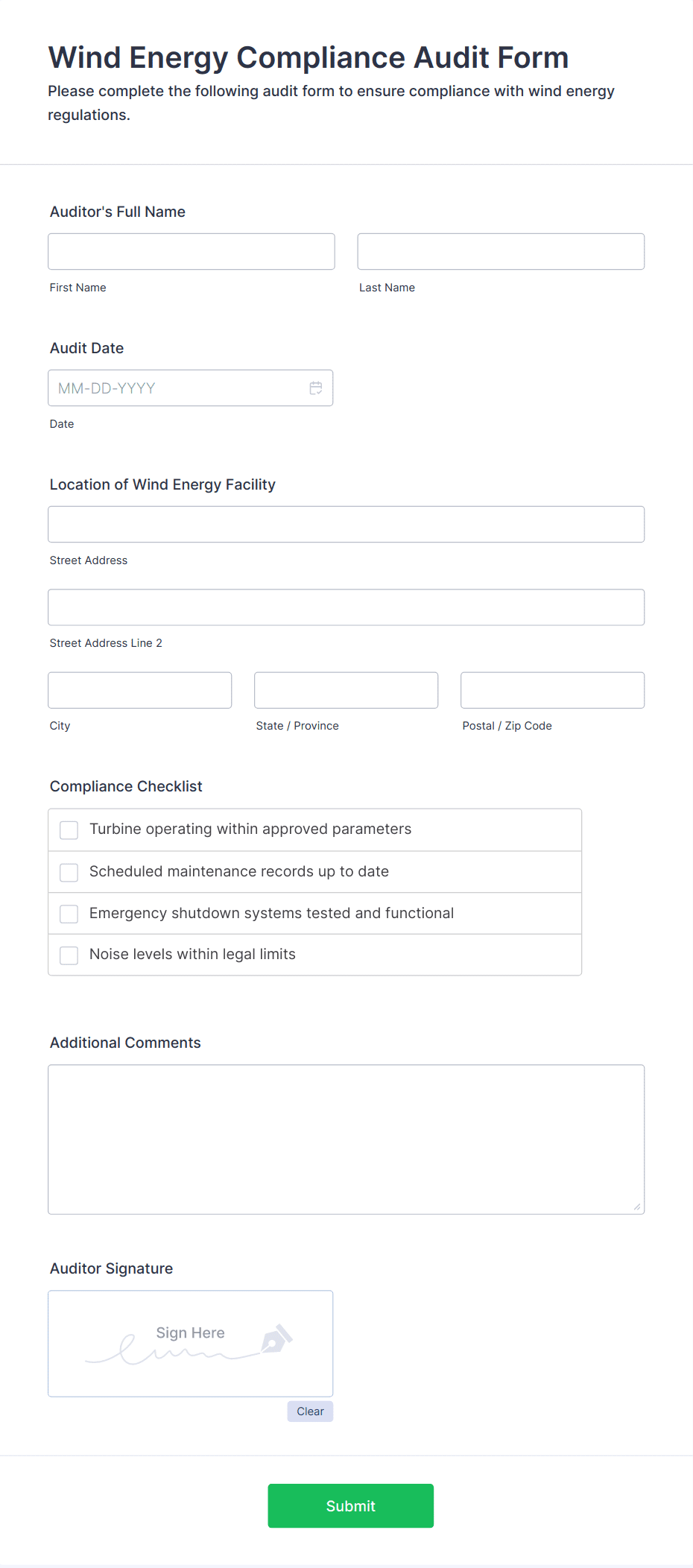 Wind Energy Compliance Audit Form Template | Jotform