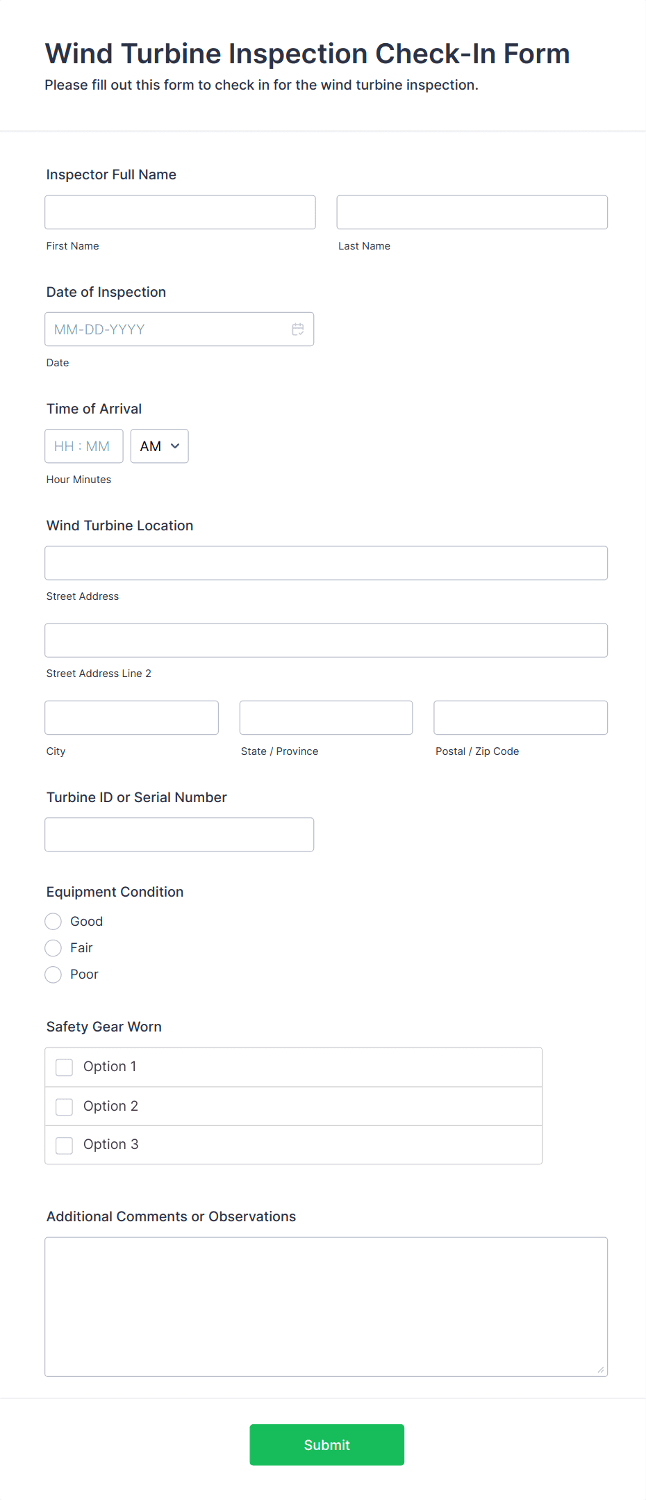 Wind Turbine Inspection Check-In Form Template | Jotform